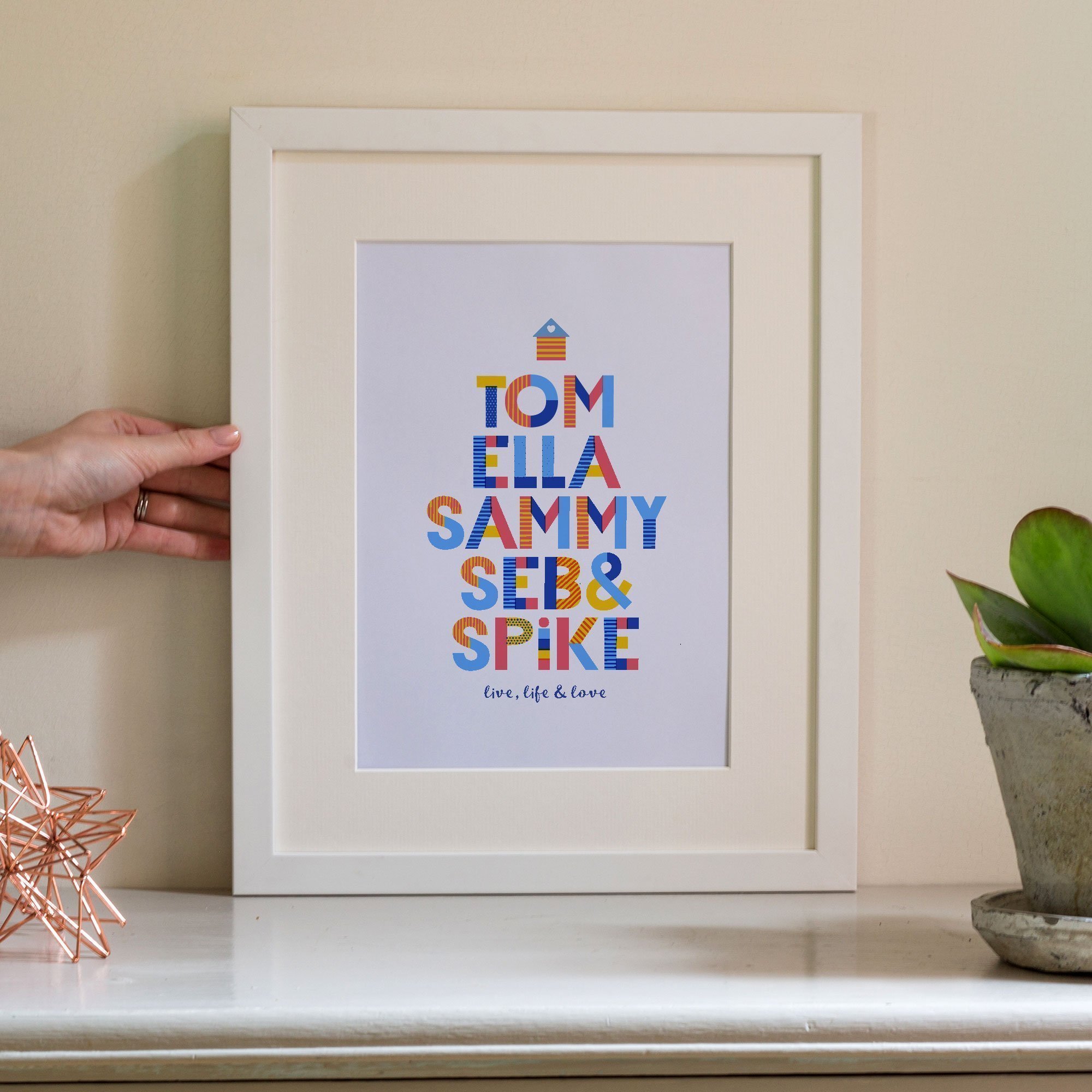 Personalised colourful family house print - personalise with family names.